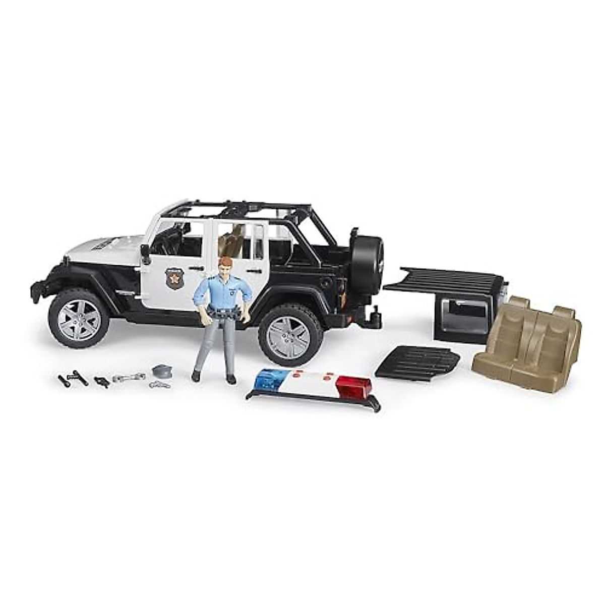 Bruder Toys - Emergency Realistic Jeep Wrangler Unlimited Rubicon Police Vehicle with Light Skintoned Policeman and Light and Sound Module with 4 Different Sounds - Ages 4+