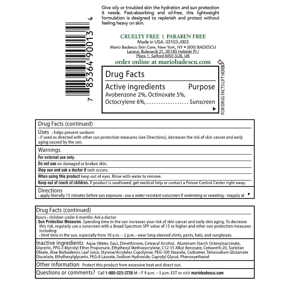 Mario Badescu Oil Free Moisturizer with Broad Spectrum SPF 17 Face Sunscreen for Combination, Oily & Sensitive Skin, Lightweight and Non-Greasy Formula with Green Tea & Aloe Vera, 2 Fl Oz