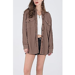 chouyatou Women's Loose Fit Batwing Sleeve Waffle Knit Button Down Shirt Shacket Tops (Large, Coffee)