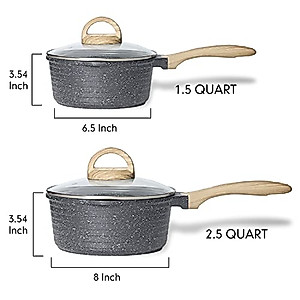 JEETEE Pots Nonstick, 1.5 Quart & 2.5 Quart Induction Granite Coating Saucepan Sets with Glass Lid & Pour Spout, PFOA Free (Grey, 4pcs Pots Set)