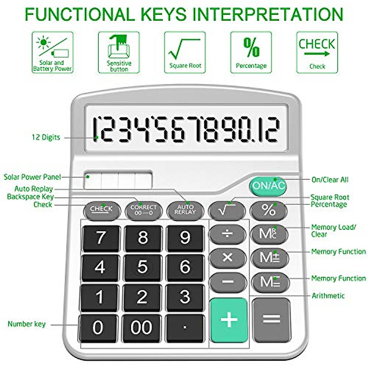 Calculators, Splaks 2 Pack Standard Functional Desktop Calculators Sola and AA Battery Dual Power Electronic Office Calculator with 12-Digit Large Display (1 Basic Black&1 Updated Silver)