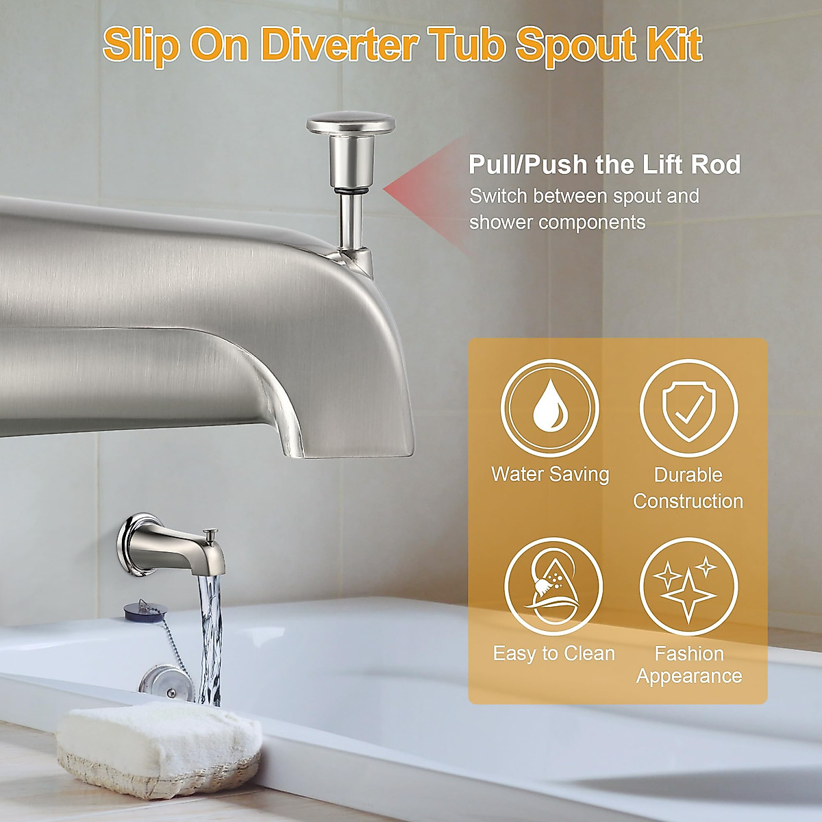 Dreyoo Slip On Diverter Tub Spout with Metal Cover Ring and Foam Gasket, Compatible with Kohler GP85556-CP, Bathroom Bathtub Faucet Set Replacement Fits 1/2'' Copper Water Tube(Brushed Nickel)