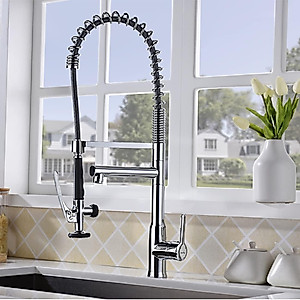 Commercial Kitchen Faucet with Pull Down Sprayer and Kitchen Soap Dispenser, Brass High Arc Pre-Rinse Tall Modern Single Handle Spring Kitchen Sink Faucet with Pull Out Spray, Chrome