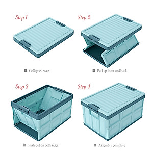 JUJIAJIA Blue Folding Plastic Stackable Utility Crates 2-Pack, Collapsible Storage Bins with Lids 30L, Durable Containers for Home & Garage Organization