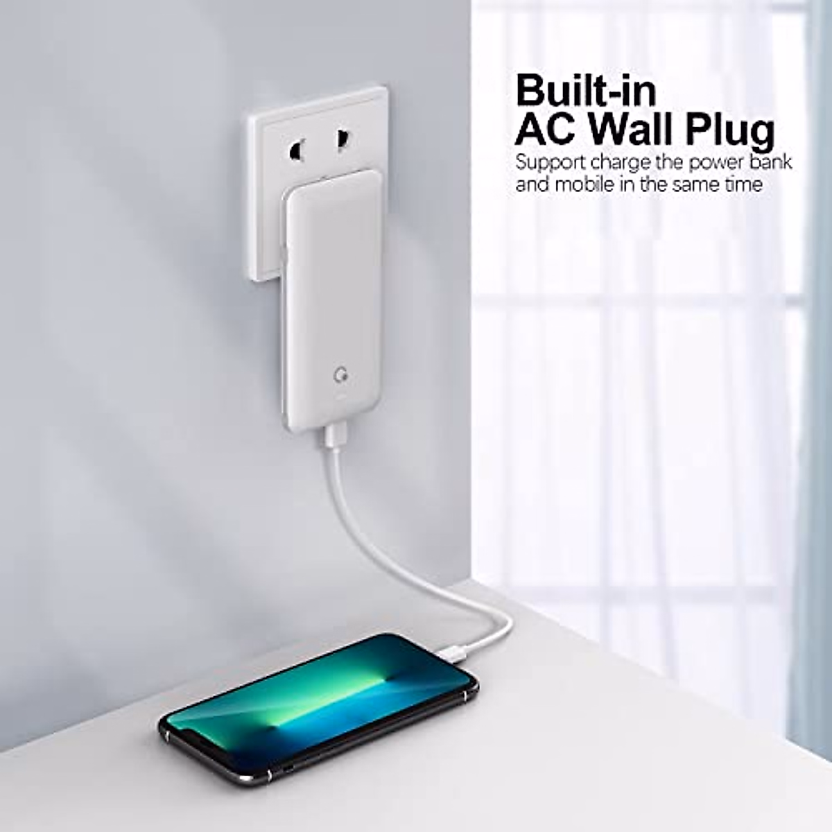 10000mAh Q Portable Charger, Ultra Slim USB C Power Bank, 4 Output Dual Input External Battery Pack with Built-in AC Wall Plug,Built in Micro and USB C Three Cables Compatible with All mobilephone