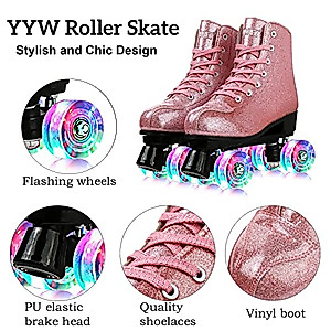 YYW Roller Skate for Women Men Light up Wheel - Double Roller Skater High-top PU Leather Roller Skate Shoes Adjustable PU Roller Skates with Four Piles for Adult Girls Beginners Pink