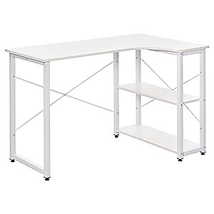 HOMCOM Industrial L-Shaped Computer Desk with 2 Side Shelves and Steel Frame, Corner Desk, Study Workstation for Home Office, White