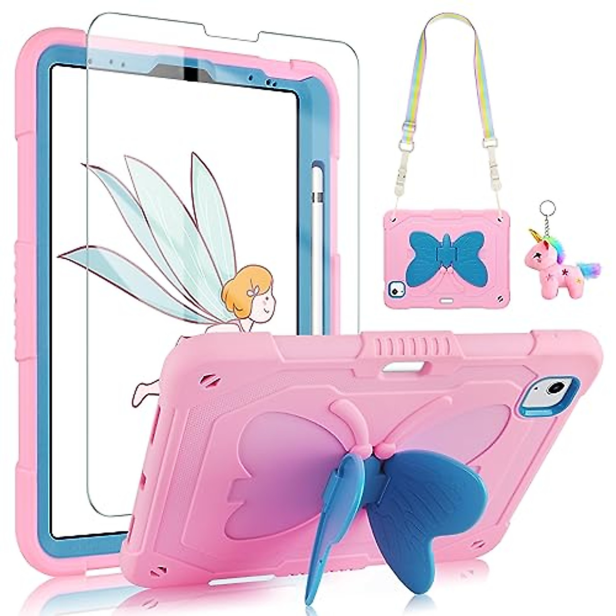 for iPad Air 5th/4th Generation Case with Screen Protector,iPad Pro 11 Inch Case Butterfly Stand Strap Cute Dolls Pencil Holder Kids Hard Cover for iPad Air 4th 5th 10.9/iPad Pro 11 2022-Pink Blue