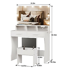 Vabches Makeup Vanity with Lighted Mirror & Outlet Charging Station, White Vanity Set Makeup Table, 3 Lighting Colors, Brightness Adjustable, 31.5in(W)