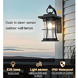 EERU Dusk to Dawn Outdoor Wall Lantern Exterior Light Fixtures Wall Mount Porch Light with Photocell Sensor Waterproof Outside Wall Lights for House, Patio, Garage, Black with Seeded Glass