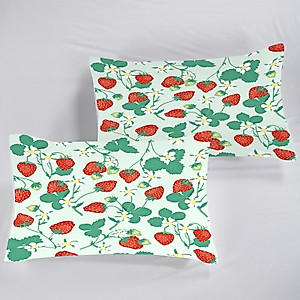 Girls Strawberry Sheets Set Queen Size 4 Pcs Cute Cartoon Fruit Green Kawaii Bedding Set for Kids Teens Bed 1 Fitted Sheet with 1 Flat & 2 Pillowcases