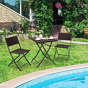 Tangkula 3 Piece Patio Bistro Set, Folding Wicker Chairs & Table Set, Solid Metal Frame, Outdoor Patio Furniture Set for Garden, Front Porch, Poolside, No Assembly Needs (Brown)