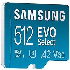 SAMSUNG EVO Select Micro SD-Memory-Card + Adapter, 512GB microSDXC 130MB/s Full HD & 4K UHD, UHS-I, U3, A2, V30, Expanded Storage for Android Smartphones, Tablets, Nintendo-Switch (MB-ME512KA/AM)