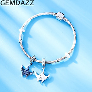 3D Devil Manta Ray Fish Charms, Charm fits Pandora Ocean Animal Bracelet, 925 Sterling Silver Sparkling Pave Blue CZ Pendant Beads, Gift for Hawaii Vacation/Christmas/Birthday
