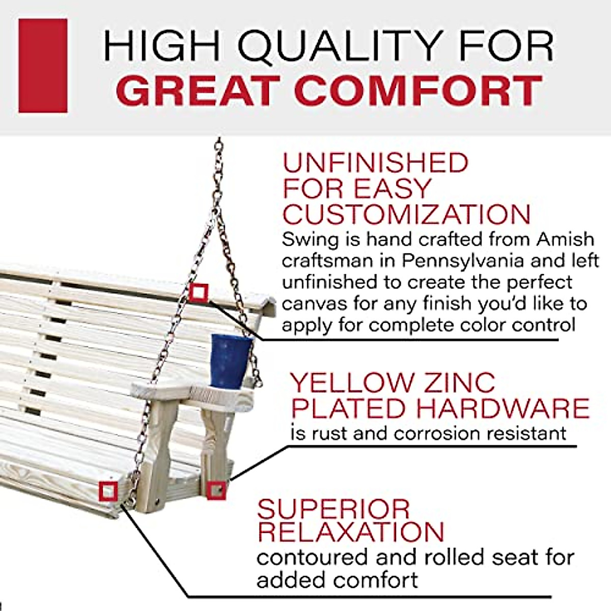 Amish Casual Heavy Duty 800 Lb Roll Back 5ft. Treated Porch Swing with Cupholders