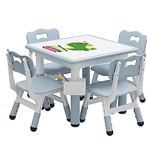 GarveeHome Toddler Table and 4 Chairs Set with Graffiti Desktop, Height Adjustable Kids Table and Chairs Set with Storage, Non-Slip Legs, Kids Activity Table for Home, Nursery, for Age 2-10