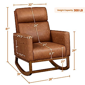 Yaheetech Leather Glider Chair, Modern Rocking Chair, Nursery Faux Leather Glider Chair with Rubber Wood Legs and Side Pocket, Rocking Accent Armchair for Living Room, Bedroom, Brown
