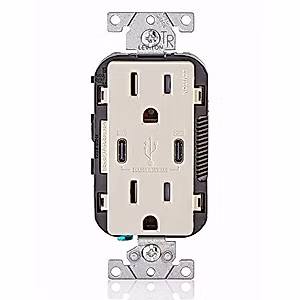 Leviton T5635-T USB Dual Type-C with Power Delivery (PD) In-Wall Charger with 15 Amp, 125 Volt Tamper-Resistant Outlet, Light Almond with Screwless Wallplates, 2-Pack
