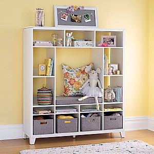 Martha Stewart Kids' Storage System - Creamy White: Wood Bookshelf Cubby with Seat Cushion, Shelves and Storage Bins; Reading Nook Bookcase and Kids Room Storage Bench