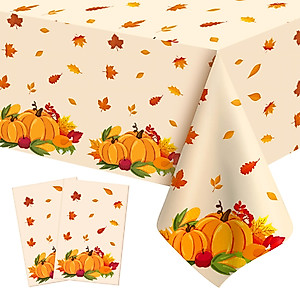 Thanksgiving Tablecloth Disposable, Fall Tablecloth, 2 PCS Friendsgiving Tablecloth, Plastic Autumn Pumpkins Maple Leaves Harvest Table Cover for Thanksgiving Party Decorations Table Decor, 54”x108”