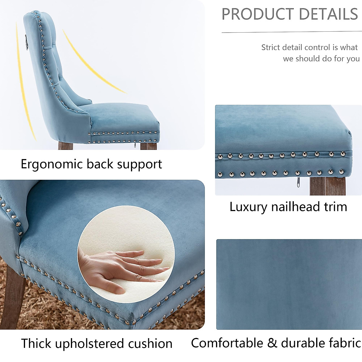 Rhomtree Set of 6 Velvet Fabric Dining Chairs Luxury Tufted Back with Nailed Trim and Back Ring Pull Home Kitchen Dining Room Chairs Armless Side Chairs Solid Rubber Wood Legs (Light Blue)