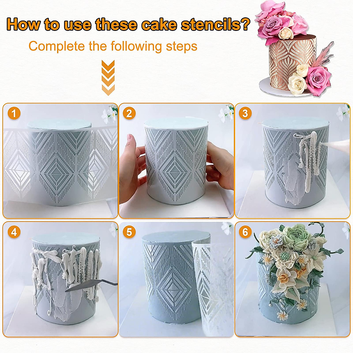 DI QIU REN 16PCS Cake Stencils Decorating Buttercream, 15X5.9 Inch Fondant Stencil for Cake Decoration Lace Cake Stencil & Template, Geometric Icing Stencil Cake Printing Mold Side Baking Mesh Stencil