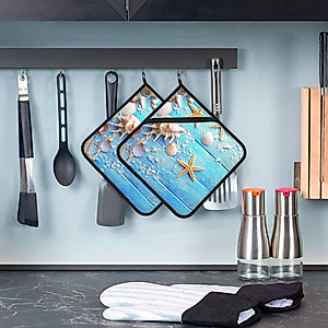 Beach Theme Sea Shell Wooden Pot Holders Set of 2 Heat Resistant Hot Pot Holder Pads Kitchen Potholder for Cooking and Baking