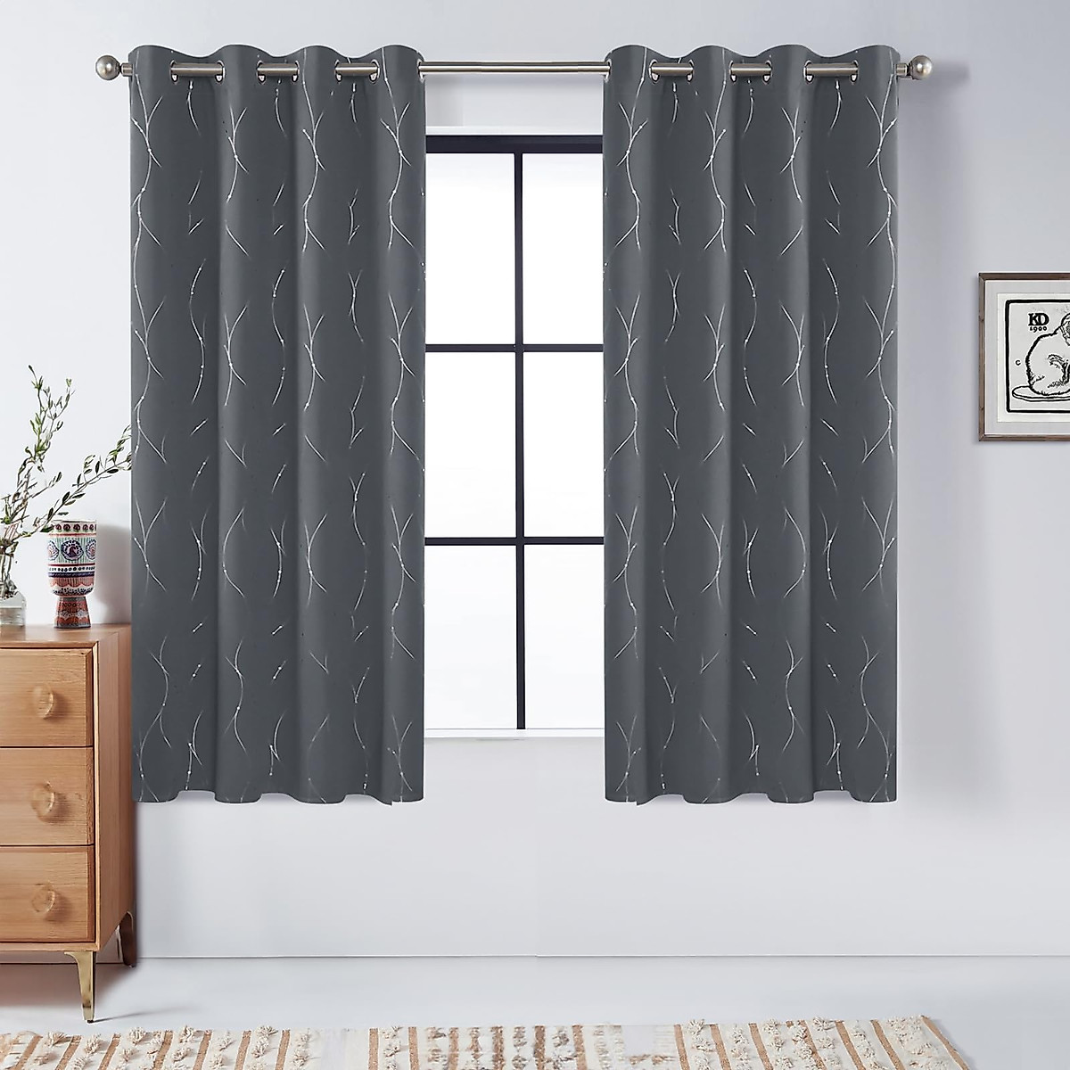 BUHUA Dark Grey Blackout Curtains, Insulated Curtains 63 Inch Length, Dining Room Curtains with Wave Printed, Energy Efficient Curtains for Bedroom 52W×63L, 2 Panels
