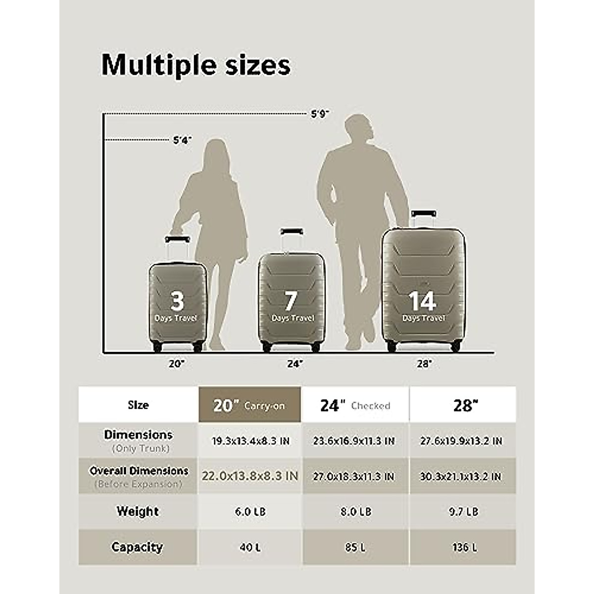 LUGGEX Carbon Fiber Pattern Carry-On Luggage 22x14x9 - Impact-Resistant PP Material - High Rebound Toughness & Anti-Explosion Zipper(Champagne Suitcase)