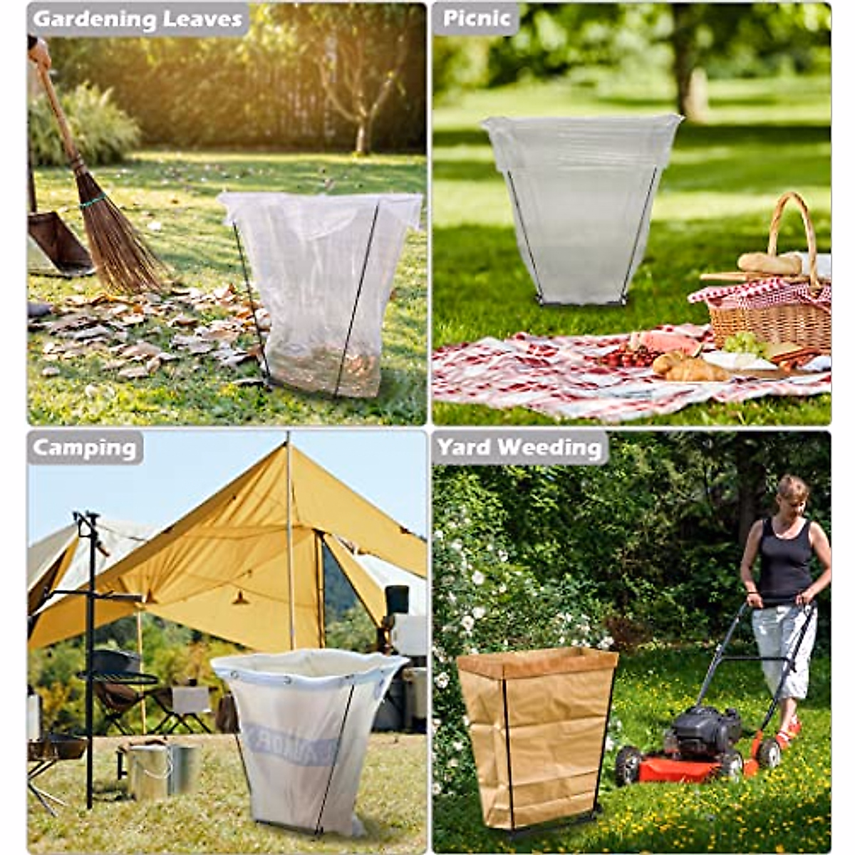 Artigarden Garden Trash Bag Holder - Outdoor Leaf Bag Support Stand Multi-Use Metal Garbage Bag Holder Frame Holds 30-45 Gallons Bag for Camping Leaves Gardening Parties Yard Weeding (Black)