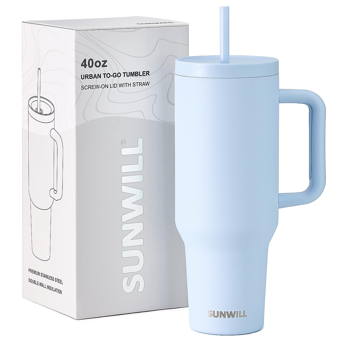 SUNWILL 40 oz Tumbler With Handle and Straw Lid, Coffee Tumbler Cups, Insulated Reusable Stainless Steel Travel Coffee Mug for Travel & Outdoor, Cupholder Friendly, Iceberg