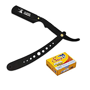 Classic Samurai New Ergonomic Design Stainless Steel Professional Folding Straight Edge Barber Razor Shavette Manual Shaver with 100 Shark Single Blades (Matte Black + 100 Shark Blades)