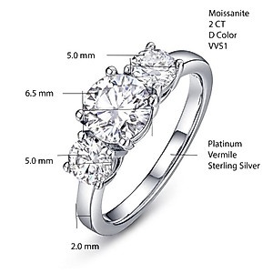 AURORADIA Moissanite Engagement Ring 3 Stone for Women, D Color VVS1 Round Cut Solitaire Wedding Band, 18K Platinum Silver Promise Rings for Her (6.5, 2)