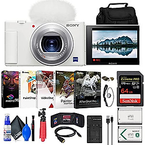 Sony ZV-1 Digital Camera (White) (DCZV1/W) + 64GB Card + Case + NP-BX1 Battery + Card Reader + Corel Photo Software + HDMI Cable + Charger + Flex Tripod + Memory Wallet + Cap Keeper + More (Renewed)