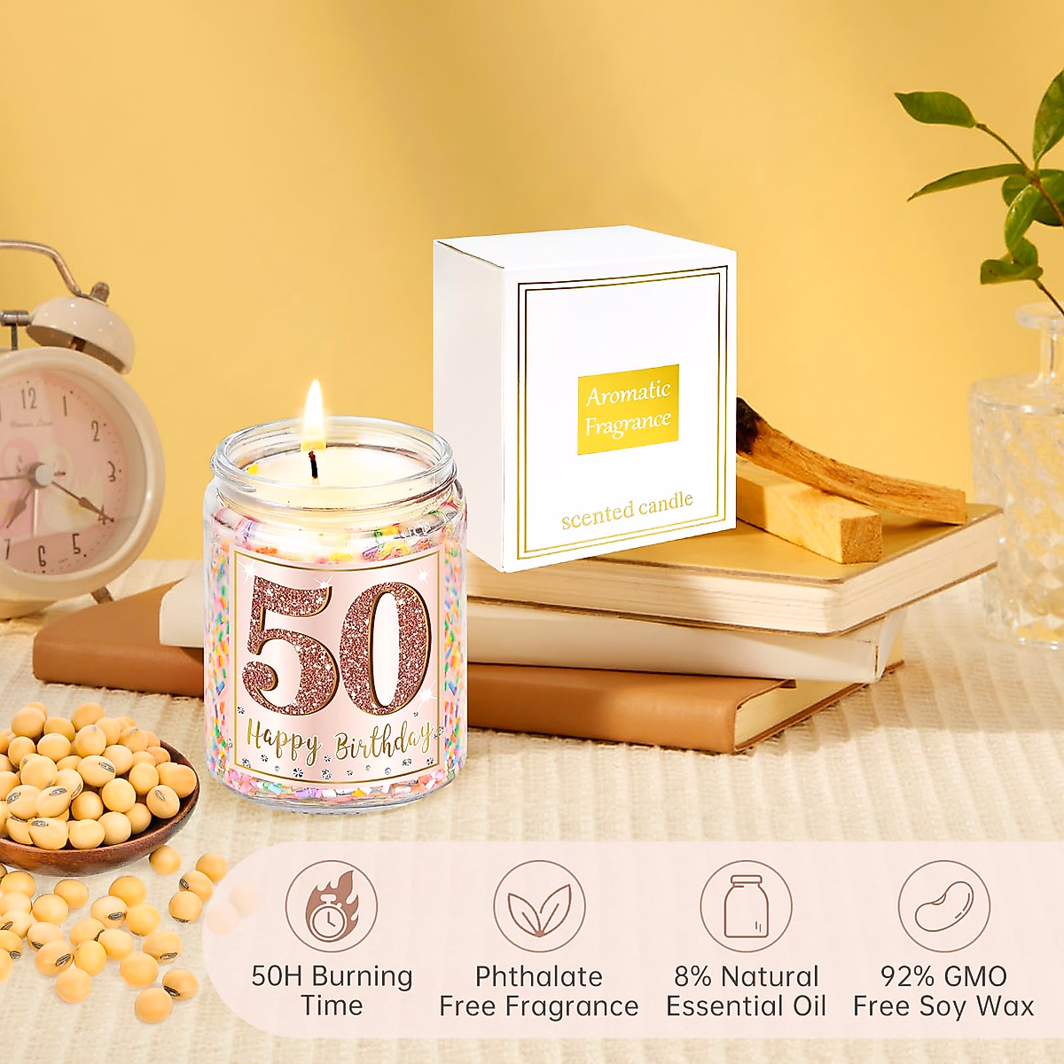 Happy Birthday Candle with DIY Stickers for Any Age: Vanilla Cream-Scented Birthday Candle with Sprinkles - Pink Rose Gold Sweet Birthday Gifts for Girls Women Funny Birthday Presents for Her