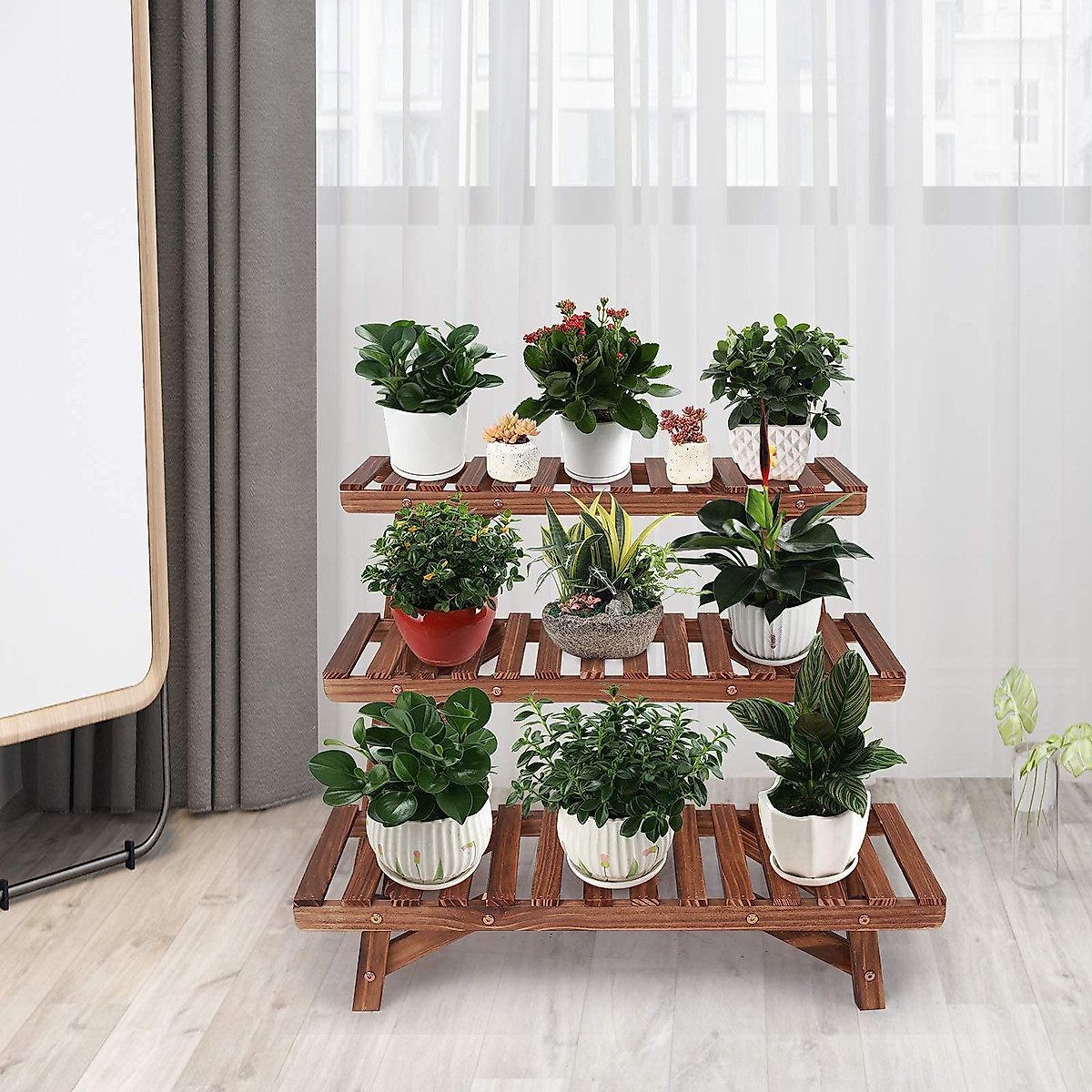 Ufine Freestanding 3 Tier Ladder Shelf Wood Plant Stand Indoor Outdoor Plant Display Rack Flower Pot Holder Planter Organizer
