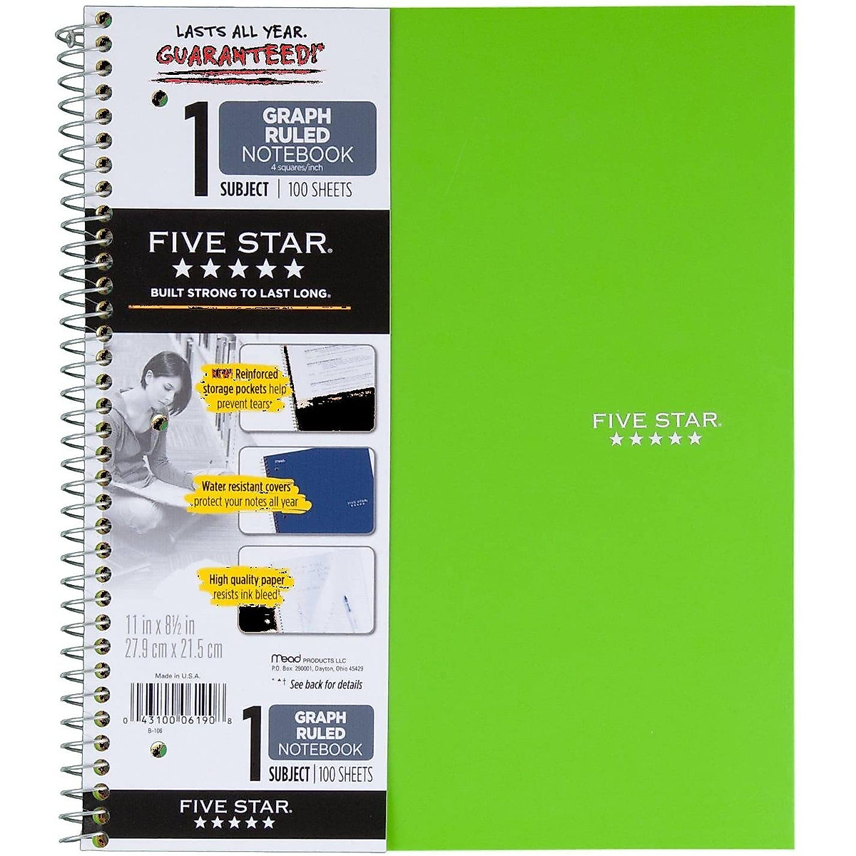 Five Star Spiral Notebook, Graph Ruled, 1 Subject, 8.5 x 11 Inches, 100 Sheets, Assorted Colors (06190), Pack Of 6