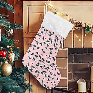 Kigai Christmas Stockings Pink Plant Pattern Large Candy Stockings Stuffers Kids Cute Xmas Sock Decorations 1PC for Home Holiday Party 12" x18"