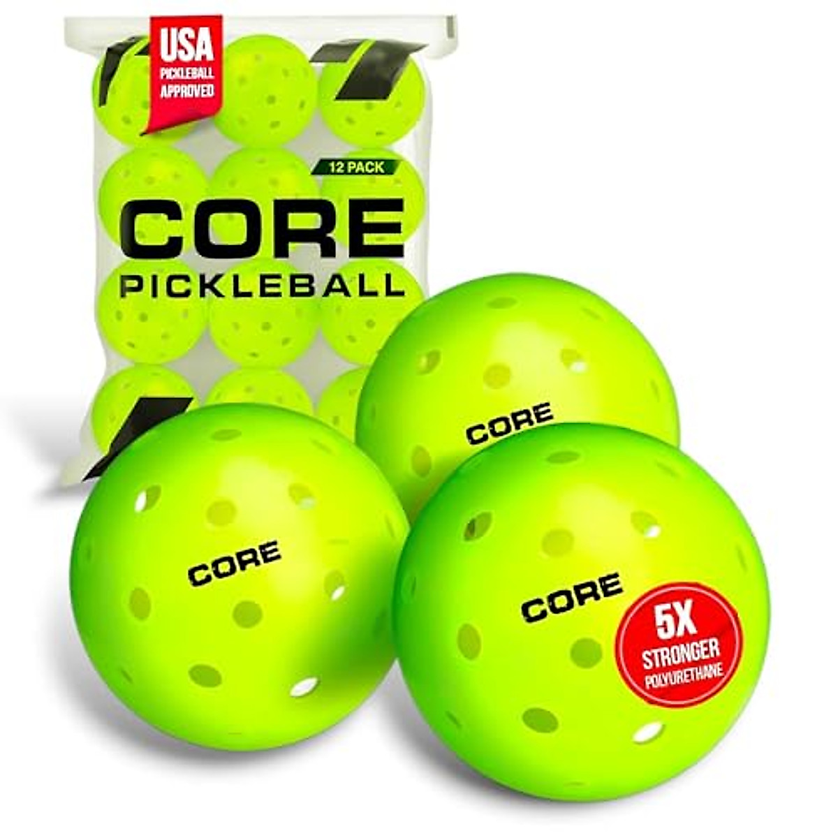 CORE Pickleball Balls for Professionals and All Levels of Play - Set of 4-50 Balls with 40 Holes - USA Pickleball Approved Durable Outdoor Pickleball Balls (12 Pack)