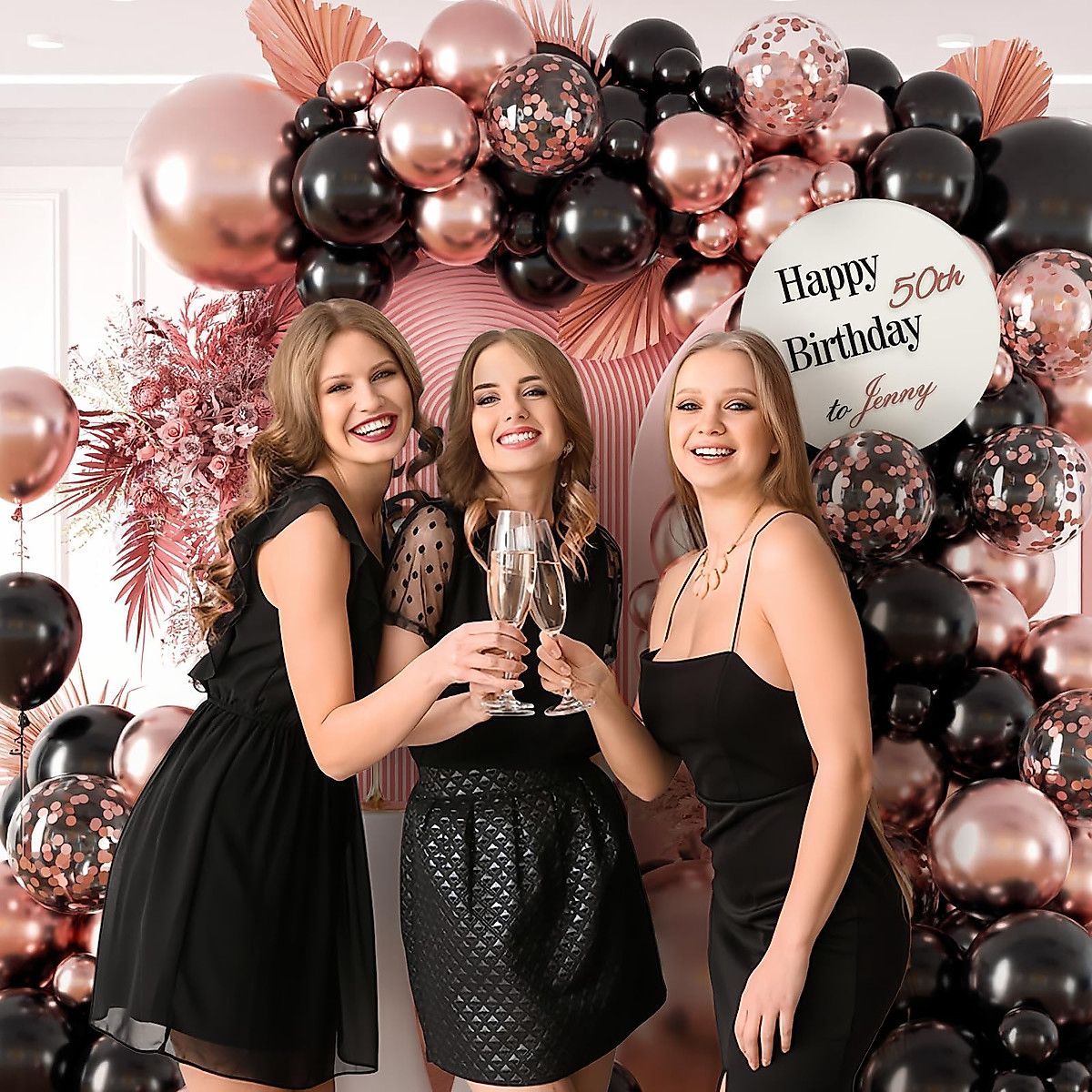 132pcs Rose Gold and Black Balloon Arch Kit, Metallic Rose Gold and Black Balloons Different Sizes of 18 12 10 Inch with Confetti Balloon for Wedding Graduation Baby Shower Birthday Party Decoration