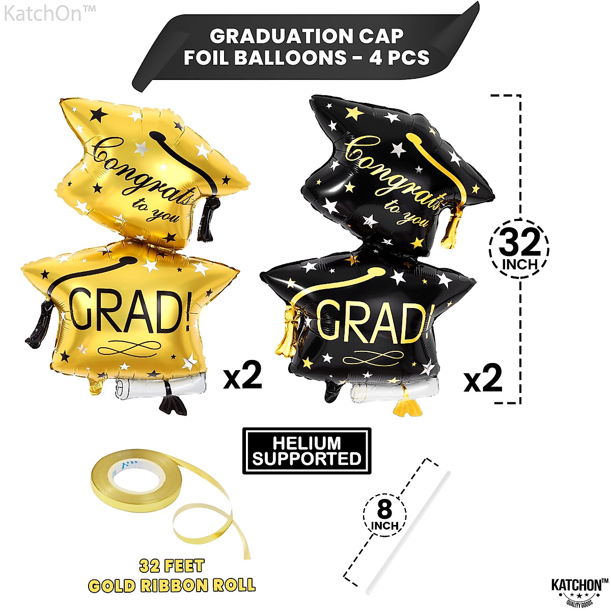 KatchOn, Black and Gold Graduation Hat Balloon - Big, 32 Inch, Pack of 4 | Congrats Grad Balloons | Graduation Balloons Class of 2024, Graduation Cap Balloon | Graduation Decorations Class of 2024