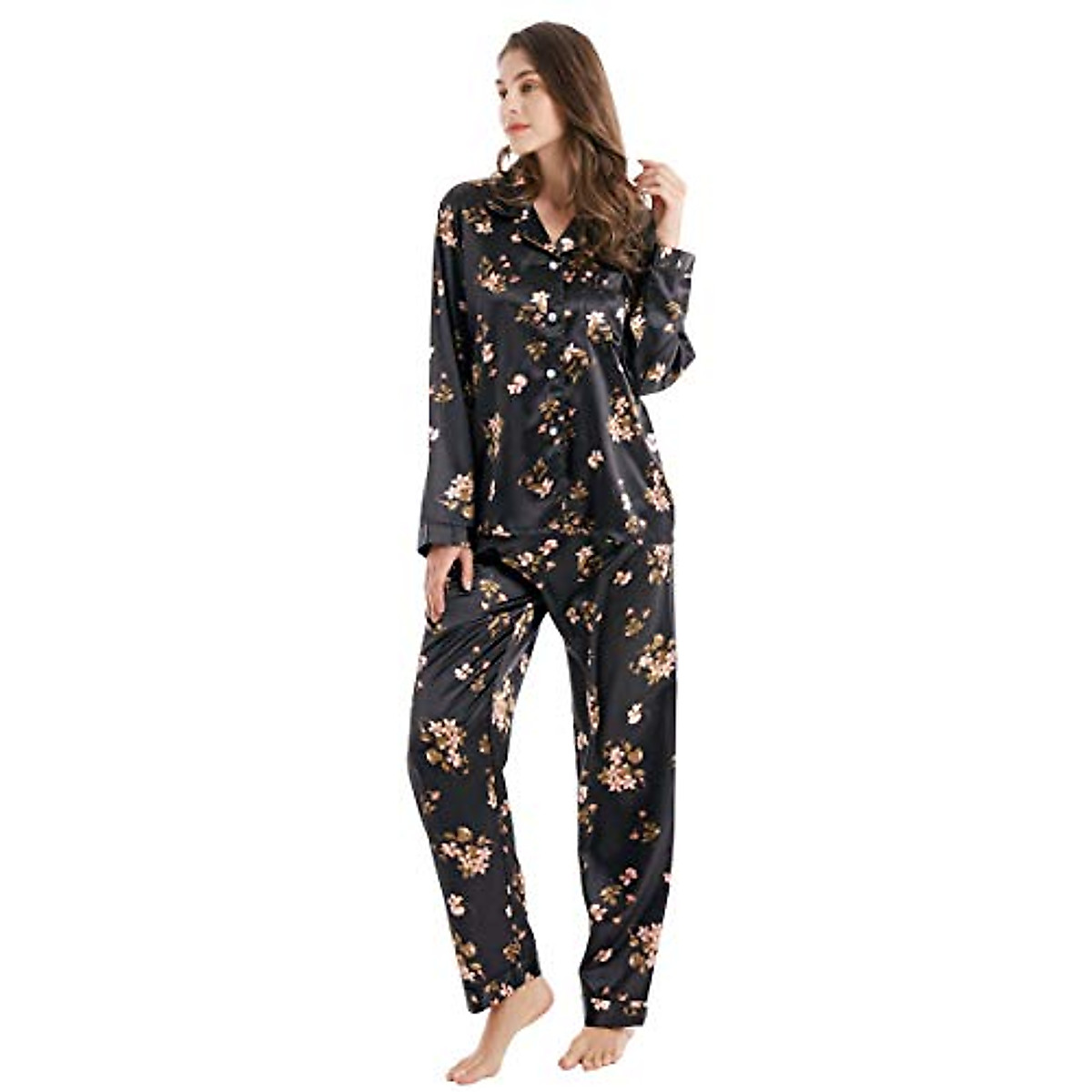 Tony & Candice Women's Classic Satin Pajama Set Sleepwear Loungewear (Black with Flower Pattern, Small)