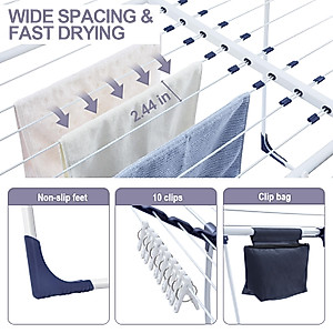 APEXCHASER Clothes Drying Rack, Foldable Gullwing Laundry Rack Indoor, 10pcs Clips with Bag, Collapsible Space-Saving Drying Rack for Clothes, Towels, Dolls(White)