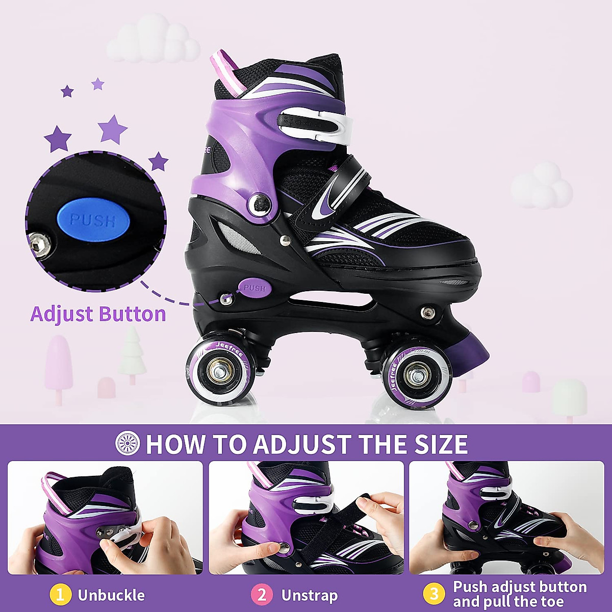 JeeFree Kids Roller Skates,Adjustable Roller Skates for Girls and Boys,Girls Roller Skates with Light up Wheels,Outdoor Quad Roller Skates for Girls (Size S: 10C-13C, Size M: 13C-3Y)