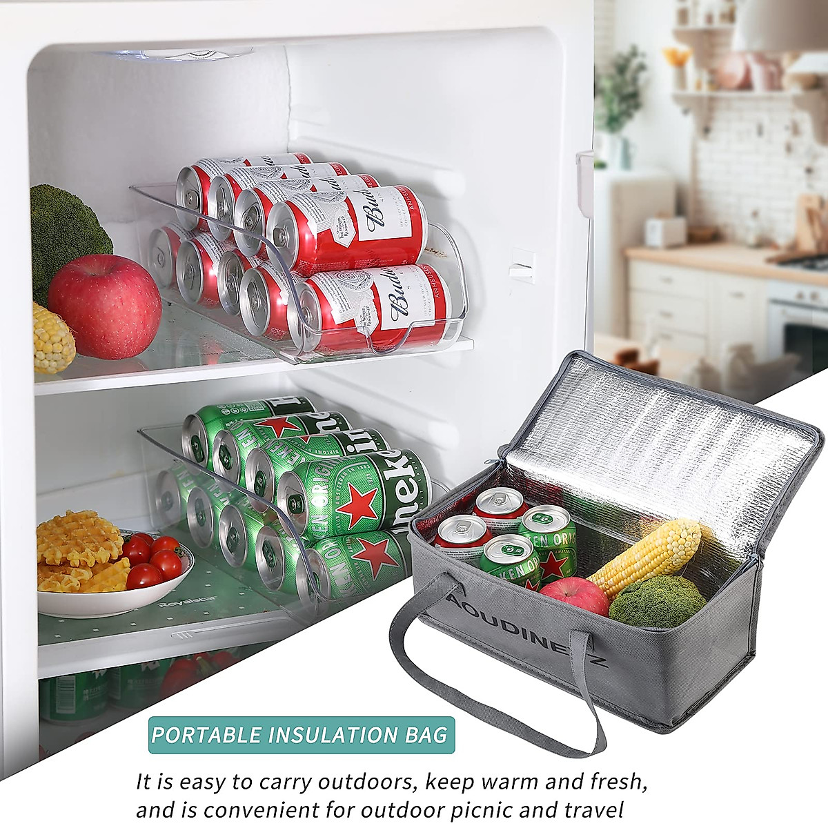 AOUDINEYZ Set of 2 Refrigerator Organizer Bins-Clear Plastic Soda Can Dispenser Beverage Holder for Fridge, Freezer, Kitchen, Countertops, Cabinets with a Portable Custom-made Insulation Cooler Bag