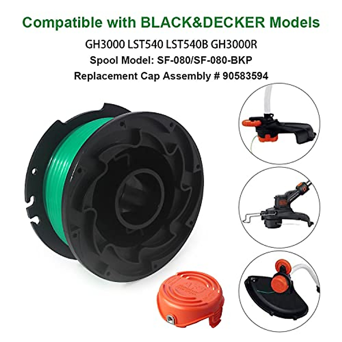 Eyoloty SF-080 Trimmer Replacement Spools Compatible with Black Decker SF-080-BKP GH3000 GH3000R LST540 LST540B Weed Eater 20ft 0.080" Edger Refills with 90583594 Cover Cap (4 Spool, 1 Cap)
