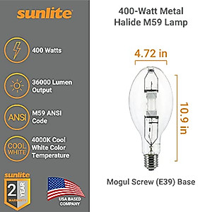 Sunlite 03663 MH400/U/MOG M59 Metal Halide Lamp, 400 Watts, Mogul Base (E39), ED37, 12,000 Hour Life Span, 36000 Lumen, Clear Finish, 4000K