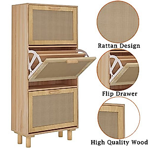 Wekity Shoe Storage Cabinet, Rattan Shoe Cabinet with 3 Flip Drawers, Narrow Free Standing Shoe Cabinet for Heels Slippers Boots, Wood Shoe Cabinet for Entryway Hallway 10X21X45Inch (Nature)