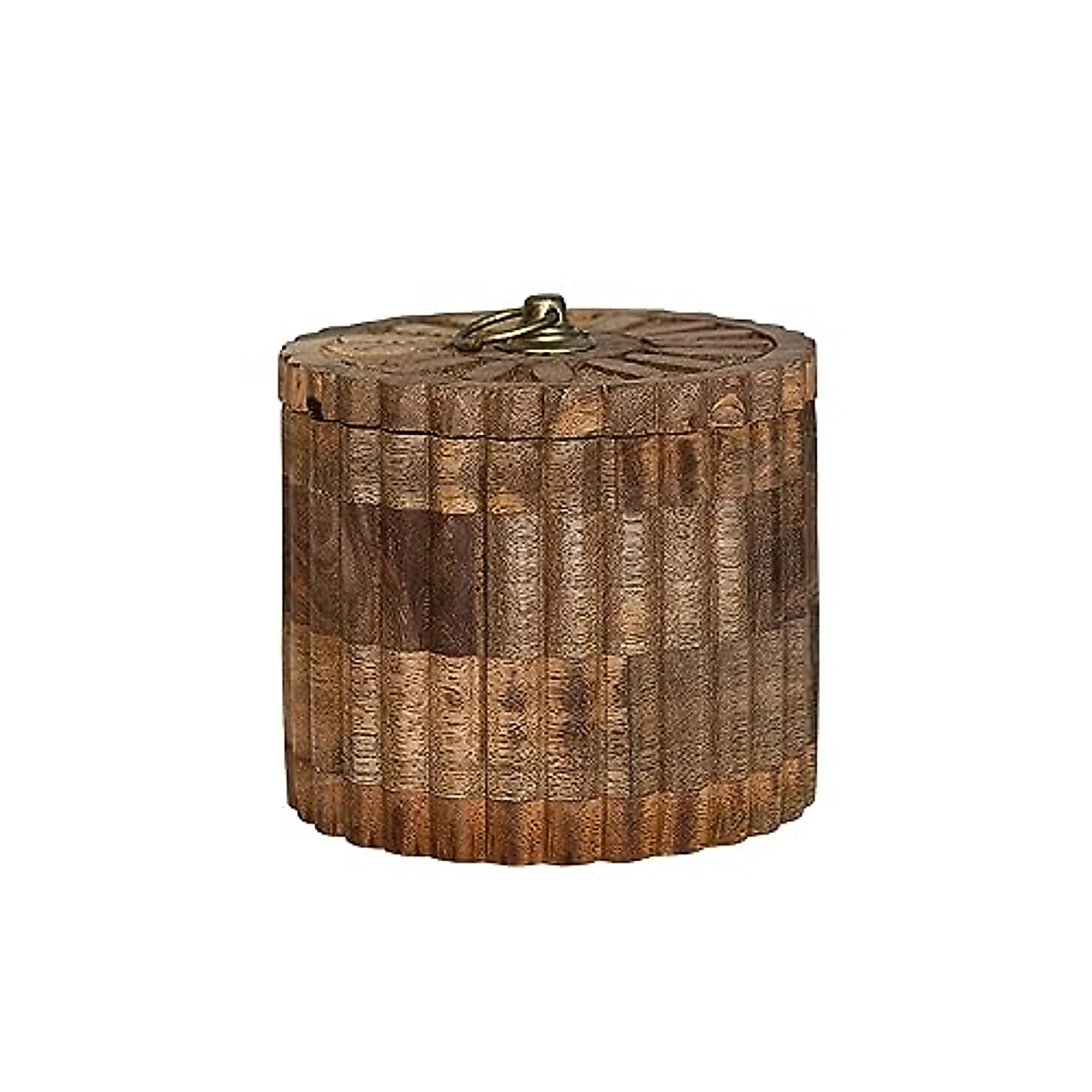 Creative Co-Op 5.75 Inches Round Carved Mango Wood Pleated Lid and Metal Pull, Natural and Antique Gold Finish Display Box
