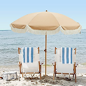 Kbrellaoutlets 7ft Patio Umbrella, UV 50+ Protection, Beach Umbrellas for Sand with Fringe, Wood Grain Aluminum Pole, 8 Ribs, Push Button Tilt, Garden Pool, Brown